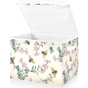 alaza collapsible large storage bin with lid, vintage honey bee floral foldable storage cube box organizer basket with handles, toy clothes blanket box for shelves, closet, nursery, playroom