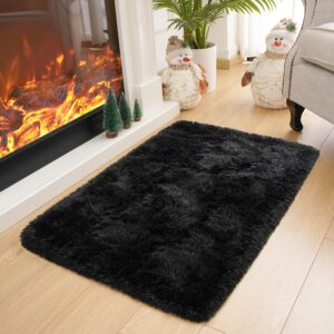 rostyle fluffy small black rugs for bedroom 2x3,shaggy area rugs for living room,thick throw carpet,fuzzy dorm rug,soft indoor floor rug for kids room decor aesthetic