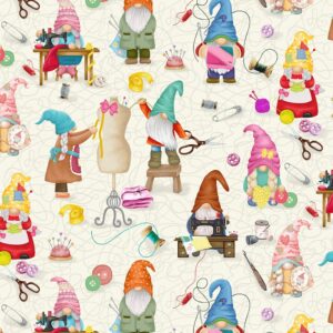 generic timeless treasures sew many gnomes cd2484 cream sewing gnomes fabric, mixed