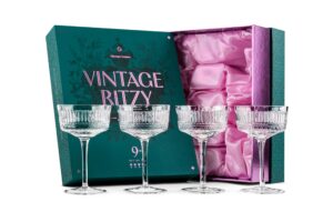 glassique cadeau vintage ritzy cocktail and champagne coupe glasses | set of 4 | 7 oz crystal long stemmed glassware for drinking martini, cosmopolitan, manhattan | retro saucers