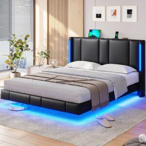 msmask queen platform bed frame, floating bed with led lights, faux leather upholstered headboard, 2 usb ports, under-bed storage, no box spring needed, black