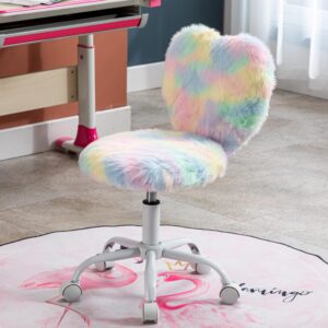 kmax kids reading chair, rolling cute desk chair for girls swivel office chair with wheels & heart back adjustable childrens vanity chair for bedroom reading room - faux fur, various