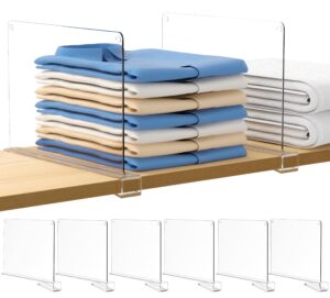 vorey 6 pcs acrylic shelf dividers for closet organization, clear closet shelf divider for wooden shelving, suitable for sweater, shirts, handbags in bedroom and kitchen