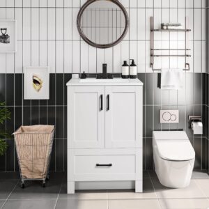 yaheetech 24.5" bathroom vanity with ceramic sink, bathroom vanity sink cabinet with 2 doors and 1 drawer, bathroom vanities floor standing with sink combo set, white