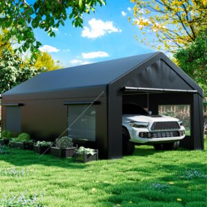 airwire carport 12' x 20' heavy duty portable garage, carport canopy with side-opening door & roll-up windows, car canopy reinforced four-hole base for car, truck, boat, party, black