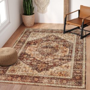 art&tuft washable rug 8x10, area rugs for living room, anti slip low pile rug floor carpet, vintage stain resistant 8x10 rugs for bedroom, dining room, kitchen, brown