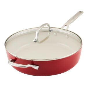 kitchenaid hard anodized ceramic 5-quart nonstick sauté pan with shatter-resistant lid & riveted handle – durable, even heating, easy clean, oven safe to 500°f, empire red