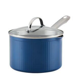 farberware style nonstick cookware straining saucepan with lid, 3 quart, blue