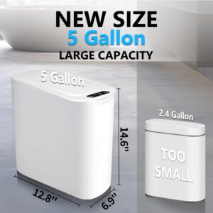 5 Gallon Motion Senor Bathroom Trash Can with Lid, Automatic Garbage Can Touchless, Smart Plastic Waste Basket for Narrow Spaces, Bathroom, Office, Bedroom, Living Room (White)