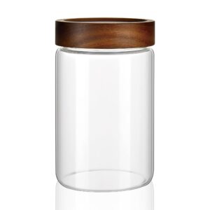 moladri 28 oz/850 ml clear glass storage canister with airtight wooden screw lid, medium cute decorative glass container jar for coffee,spice,candy,salt,cookie,condiment,pepper,sugar,overnight oatmeal