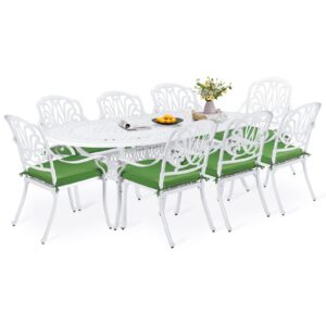 w warmhol 9-piece patio dining set, outdoor patio table and chair set of 84” oval cast aluminum dining table with umbrella hole and 8 outdoor dining cushion chairs, patio funiture set, white