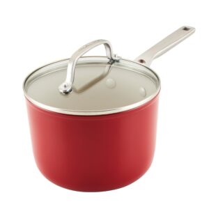 kitchenaid hard anodized ceramic nonstick cookware sauce pan with lid, 3 quart, empire red