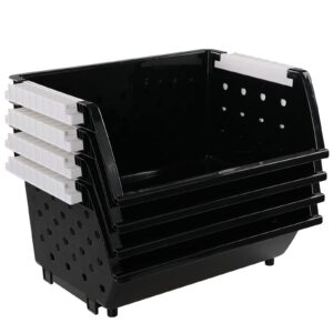 ewingger 4-pack plastic stacking storage basket, stackable organizer baskets bin, black