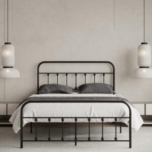 classic metal bed frame with headboard & footboard set vintage bed frame - with storage–sturdy support mattress foundation, no box spring required, industrial farmhouse, under bed storage black, queen