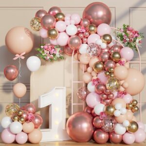 bonropin 151pcs rose gold balloon garland arch kit for wedding bridal shower birthday baby shower decorations, nude pastel pink metallic gold matte white rose gold confetti balloons