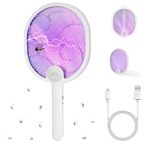 foldable electric fly swatter racket, usb rechargeable with 1200mah battery, large 2 in 1 bug zapper racket, fly killer and mosquito trap lamp, for indoor and outdoor home backyard patio camping