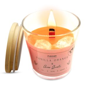 vanilla and orange scented soy candle with clear quartz crystals - extra large 12 oz, long-lasting, wooden wick, calming, relaxing crackle by puddles