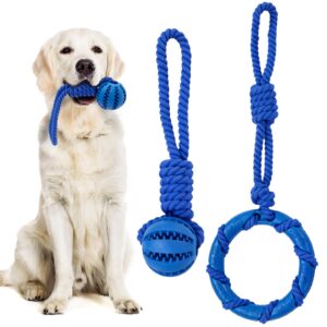 canine canyon dog chew toys 2 pack, dog toys for teeth cleaning, teething rubber ring & ball with cotton rope dog toys to keep them busy with tug of war, fetching, for puppies, small & medium dogs