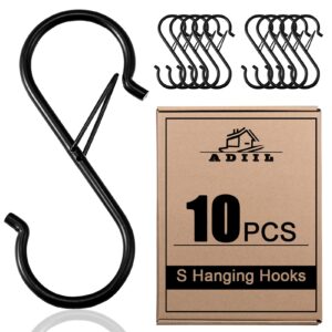 adiil 10 pcs s hooks for hanging with safety buckle, heavy duty metal s shaped closet hooks for hanging plants, kitchen utensils, jeans, bags, pots, 3.75 inch, black