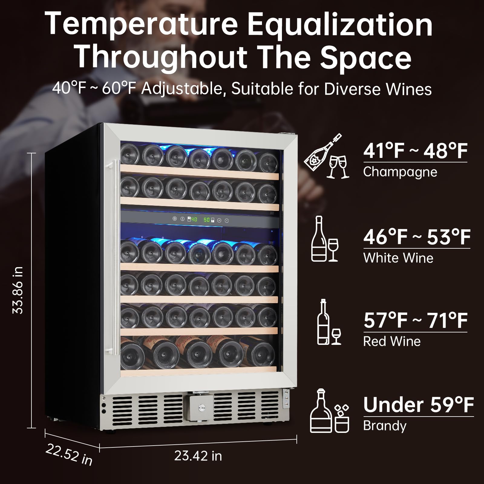 52 Bottles Wine Cooler Under Counter, 24 Inch Dual Zone Wine Fridge with 40～64°F Independent Temperature Control, Safety Lock, All Wood Removable Shelves, Stainless Steel+Glass Door, Dual Zone