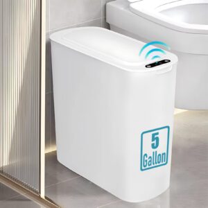 5 gallon motion senor bathroom trash can with lid, automatic garbage can touchless, smart plastic waste basket for narrow spaces, bathroom, office, bedroom, living room (white)