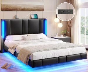 aogllati floating bed frame full with led light and 2 usb charging station, upholstered platform bed frame full size with heavy wooden slats support, no box spring needed