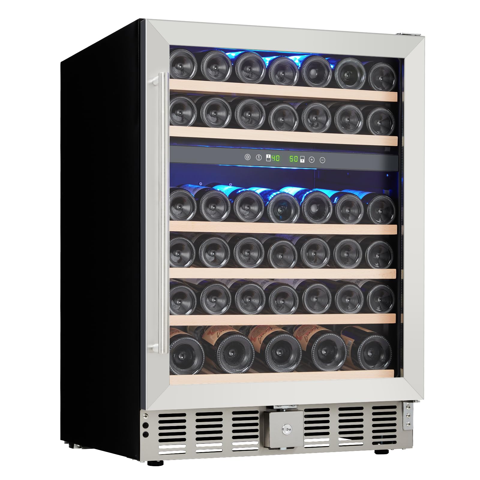 52 Bottles Wine Cooler Under Counter, 24 Inch Dual Zone Wine Fridge with 40～64°F Independent Temperature Control, Safety Lock, All Wood Removable Shelves, Stainless Steel+Glass Door, Dual Zone