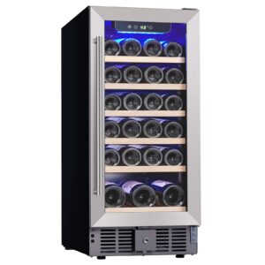 takywep 30 bottles wine fridge under counter, 15 inch wine cooler with 40～60°f digital temperature control, safety lock, all wood removable shelves, stainless steel+glass door, built-in wine cellars