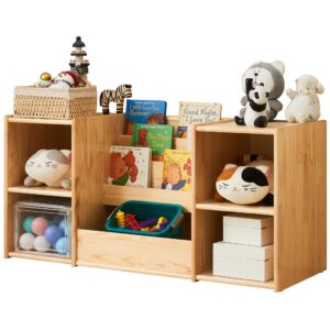 f3c | montessori bookshelf and toy storage | 3-section kids bookshelf for organizing books | 2-shelf toy organizers and storage cabinet | natural wood bookcase with storage | kids organizer