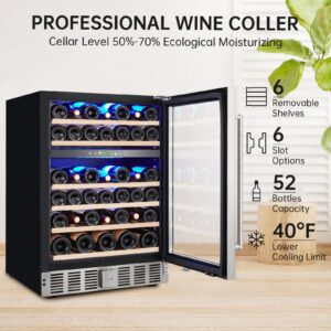 52 Bottles Wine Cooler Under Counter, 24 Inch Dual Zone Wine Fridge with 40～64°F Independent Temperature Control, Safety Lock, All Wood Removable Shelves, Stainless Steel+Glass Door, Dual Zone