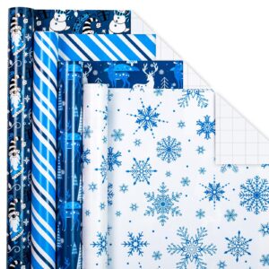 flyhill jumbo christmas wrapping paper bundle with gridlines-30 in x120 in-4 roll-snowmen & santa claus & snowflakes & reindeer & white stripes & tree for new year,birthday,holiday