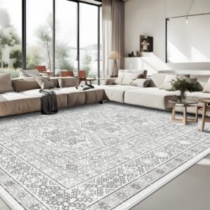 washable living room area rug: 9x12 large super soft vintage rugs bedroom oriental indoor rug water resistant ultra thin carpet non-slip backing distressed rugs for kitchen 9x12 grey