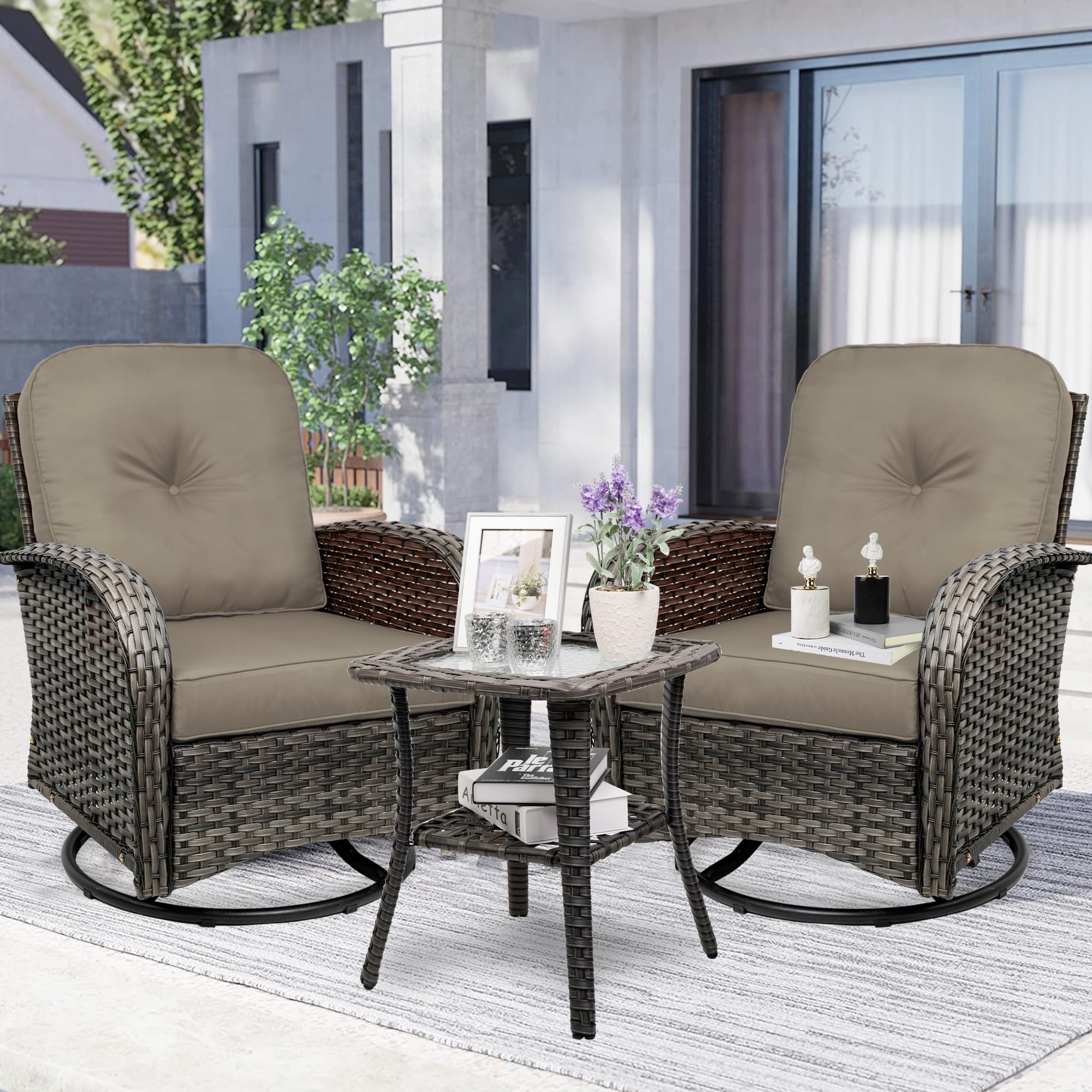 TIMWNER 3-Piece Swivel Rocker Wicker Chair Set of 2 ，360-Degree Rocking Chairs Outdoor with Cushions，Glass Table for Garden,Backyard, Bistro.Brown