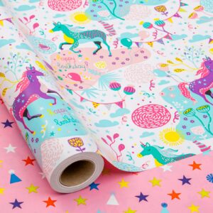 maypluss pink unicorn gift wrapping paper - 17inch x 33feet - enchanting colorful unicorn gift wrap for children's kid's girl birthday, baby showers, party, scrapbook card decor book cover