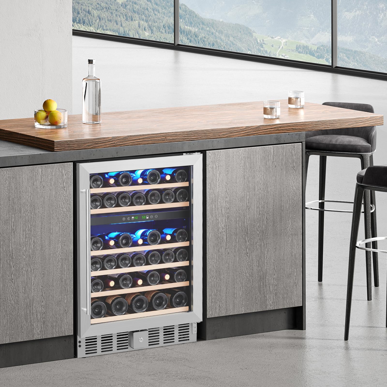 52 Bottles Wine Cooler Under Counter, 24 Inch Dual Zone Wine Fridge with 40～64°F Independent Temperature Control, Safety Lock, All Wood Removable Shelves, Stainless Steel+Glass Door, Dual Zone