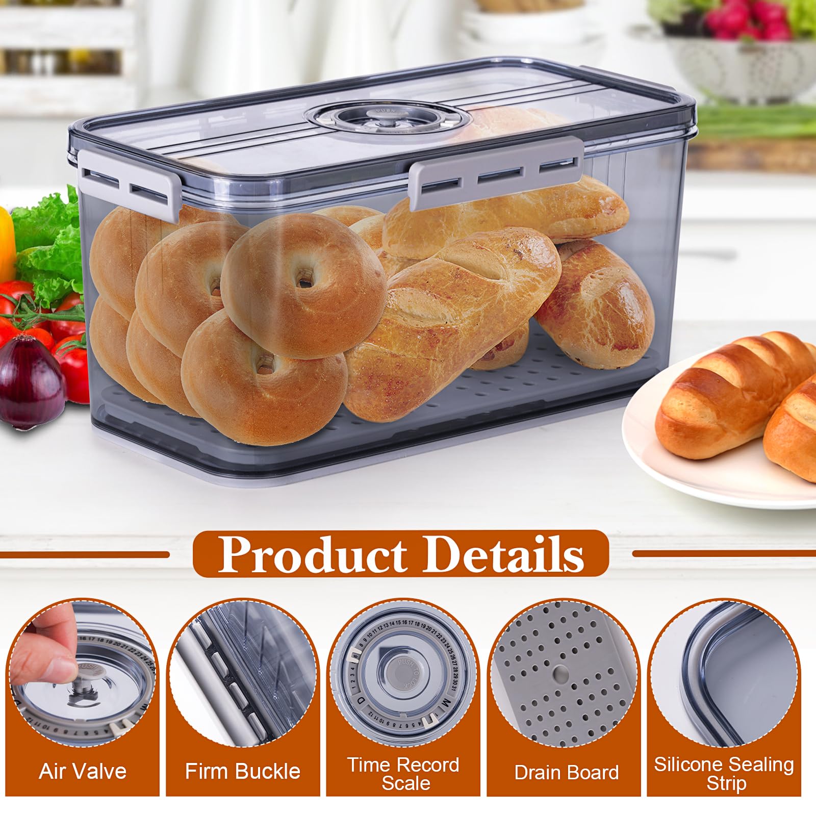 ANYPROLUS Bread Box for Homemade Bread, Bread Boxes for Kitchen Counter Airtight, Time Recording Bread Storage Container with Lid, Bread Containers Storage Airtight Loaf Bread Keeper, Grey