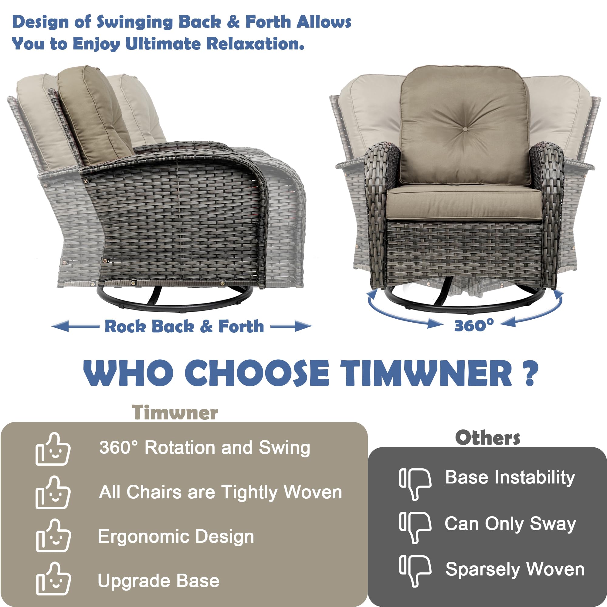 TIMWNER 3-Piece Swivel Rocker Wicker Chair Set of 2 ，360-Degree Rocking Chairs Outdoor with Cushions，Glass Table for Garden,Backyard, Bistro.Brown