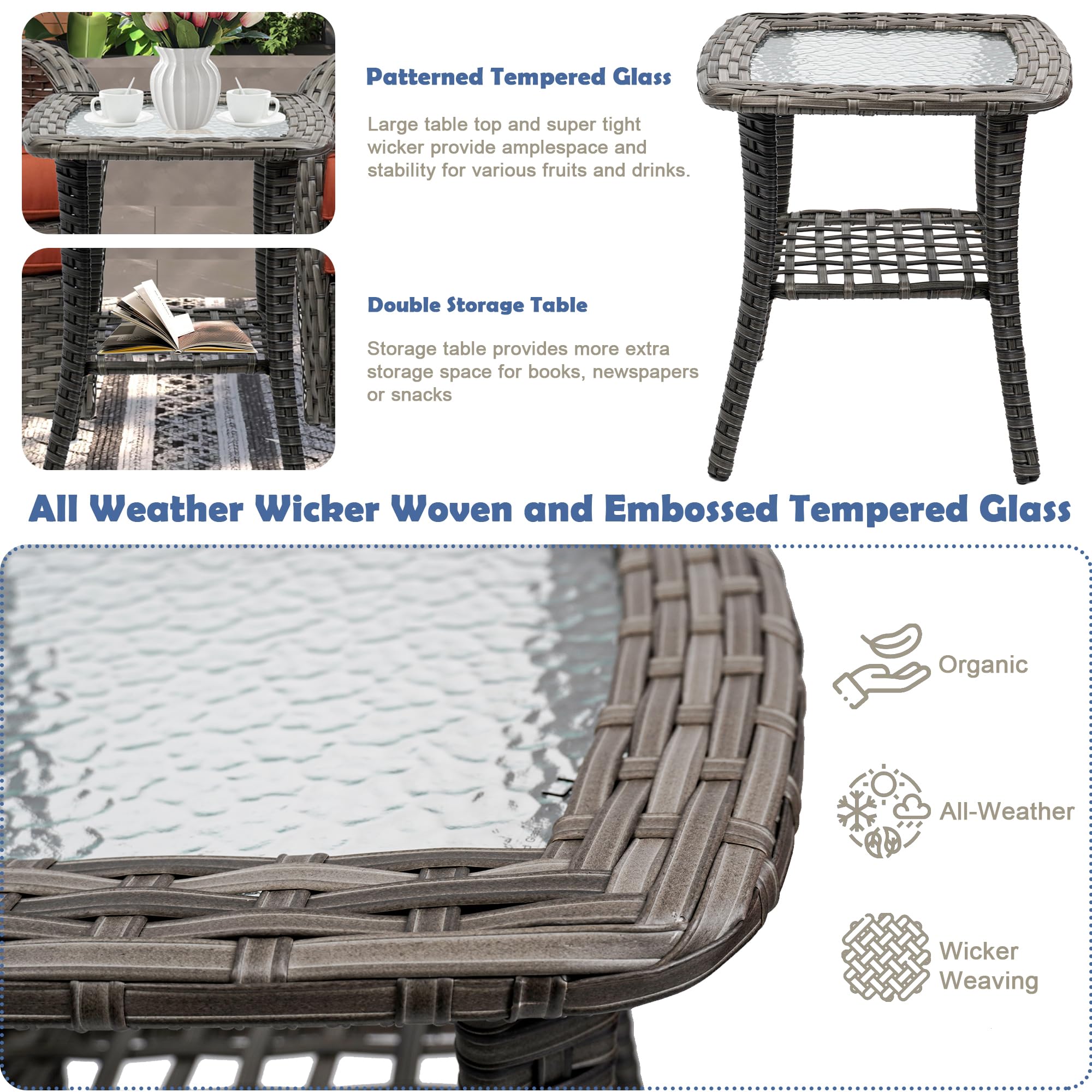 TIMWNER 3-Piece Swivel Rocker Wicker Chair Set of 2 ，360-Degree Rocking Chairs Outdoor with Cushions，Glass Table for Garden,Backyard, Bistro.Brown