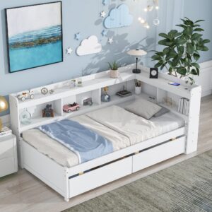 dnchuan l-shaped twin size daybed with bookcase headboard,captains corner bed with storage drawers,wooden slat support no box spring needed,white