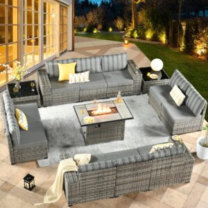 hooowooo 13 piece modular patio outdoor sectional furniture set with gas propane fire pit table,wicker conversation sofa set,out door couch set with wide arm outside(grey stripes)