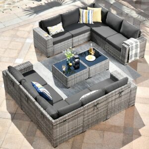 hooowooo 12 piece modular patio outdoor sectional furniture sofa set,wicker conversation set,out door couch set with wide arm for outside all weather(black)