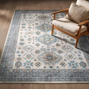 luria rugs easy care 6' x 9' non-slip large area rug for living room, bedroom, dining room, playroom - moroccan vintage, moreno collection - ivory/blue