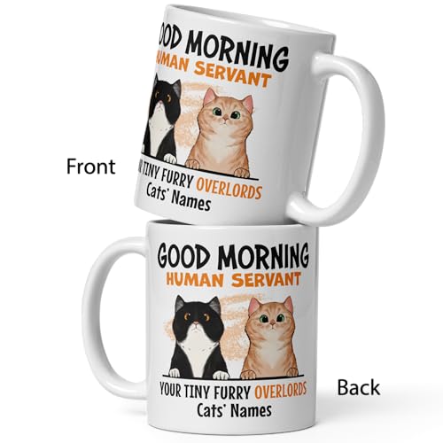 Funny Cat Mug Personalized - Up to 3 Cats - 75 Cat Breed and Color Choices - Good Morning Human Servant - Customized Cat Mom Mug, Cat Dad Custom Mugs for Cat Lovers - 8 Coffee Cup Colors (2 Cats)