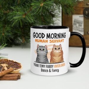 Funny Cat Mug Personalized - Up to 3 Cats - 75 Cat Breed and Color Choices - Good Morning Human Servant - Customized Cat Mom Mug, Cat Dad Custom Mugs for Cat Lovers - 8 Coffee Cup Colors (2 Cats)