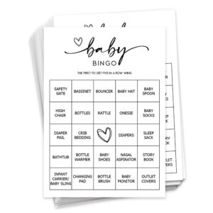 all ewired up baby bingo game (50 unique cards) pre-filled fun baby shower game activity, preforated calling cards, gender neutral boy or girl, minimalist