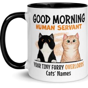 funny cat mug personalized - up to 3 cats - 75 cat breed and color choices - good morning human servant - customized cat mom mug, cat dad custom mugs for cat lovers - 8 coffee cup colors (2 cats)