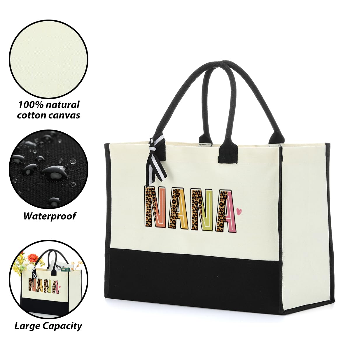 Nana Gifts Tote Bag Grandma Gifts Beach Bag Gift for Grandmother Retirement Birthday Mothers Day Thank You Gifts for Women Nana Mamaw First Time Grandma Gigi Mimi Gaga Canvas Travel Shopping Bag