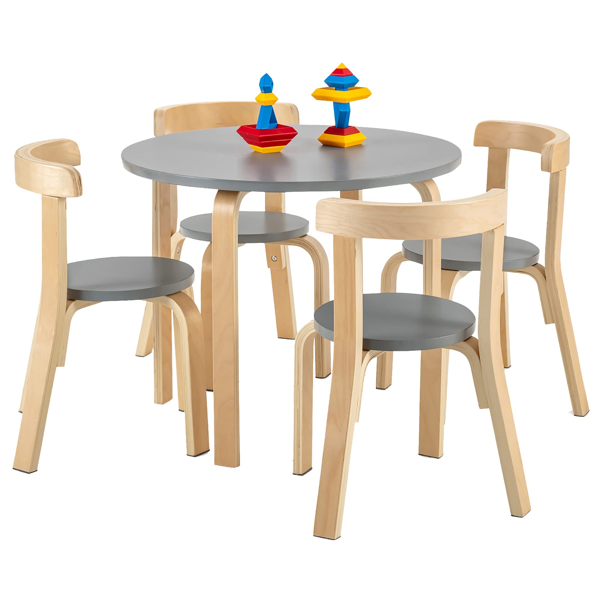 UJOYPAYD 5-Piece Kids Table Chair Set, Bentwood Toddler Round Table & 4 Chairs,Wooden Activity Table W/Curved Back Chairs,Children Furniture Set for Playing, Craft Art, Drawing, Reading (Gray)