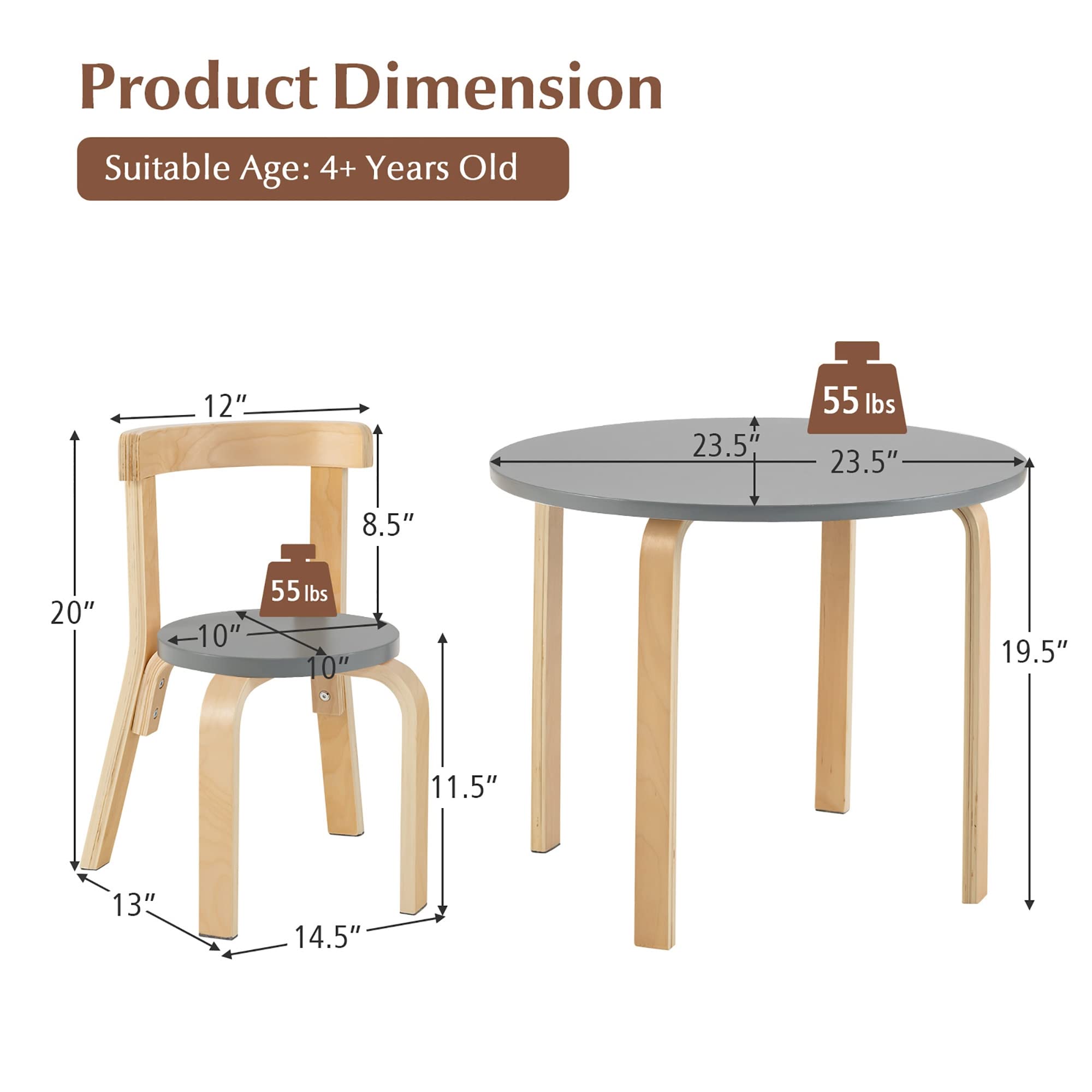 UJOYPAYD 5-Piece Kids Table Chair Set, Bentwood Toddler Round Table & 4 Chairs,Wooden Activity Table W/Curved Back Chairs,Children Furniture Set for Playing, Craft Art, Drawing, Reading (Gray)