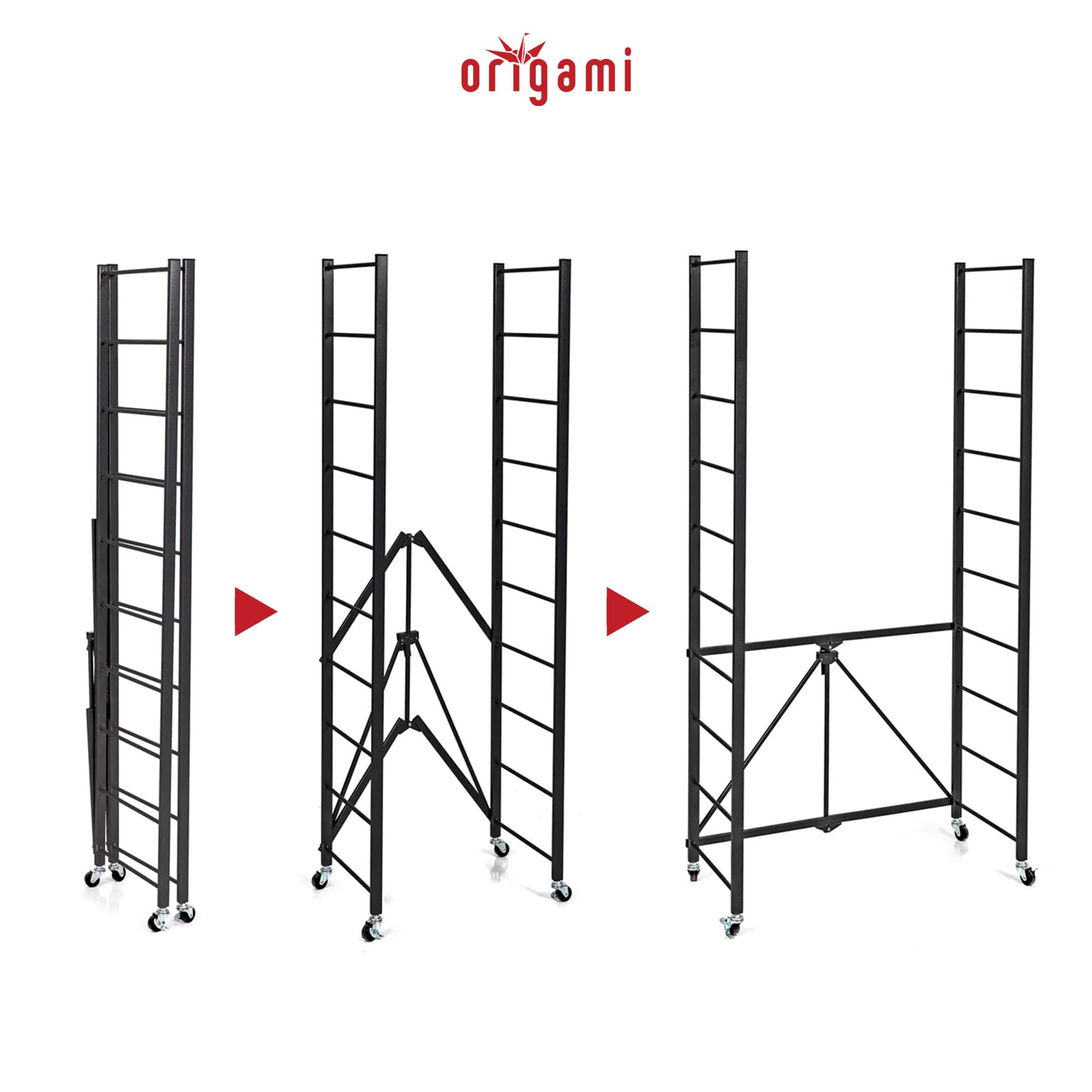 Origami 4 Tier Foldable Heavy Duty Metal Steel Adjustable Garage Storage Shelf Rack with Wheels for Organization in Home and Office, Black